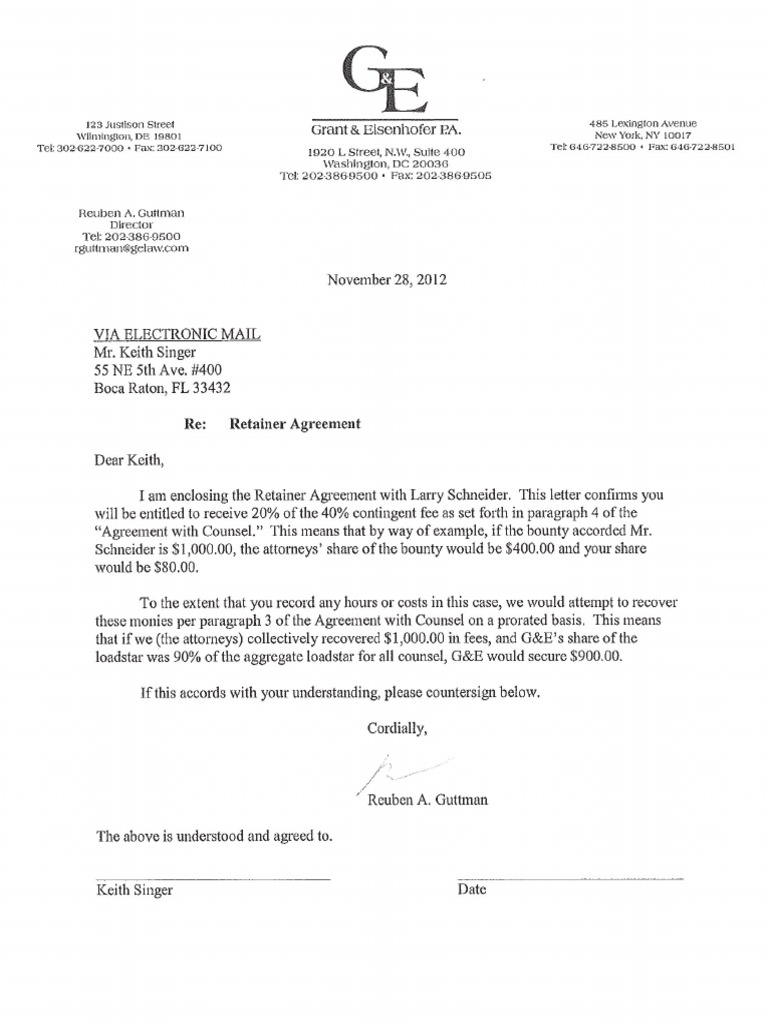 Letter From Reuben Guttman To Keith Singer, Counsel To Schneider-Fee ...