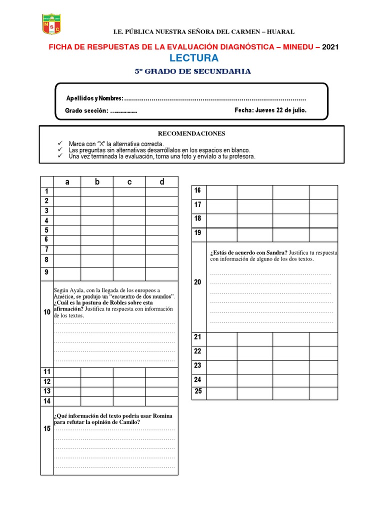 Ficha de Respuestas Lectura 5to | PDF