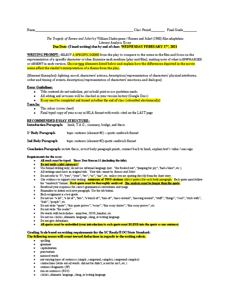 Film Scene Comparison Essay Prompt | PDF | Essays | Paragraph
