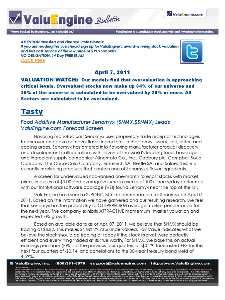 Food Additive Manufacturer Senomyx (SNMX,$SNMX) Leads ValuEngine.com ...