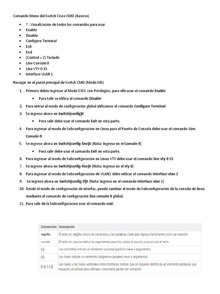 Comandos básicos Cisco CMD Switch | PDF | Dirección IP | Ingeniería ...
