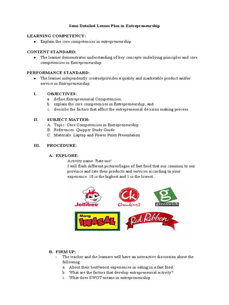 Semi Detailed Lesson Plan in Entrepreneurship Learning Competency | PDF ...