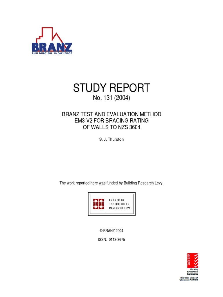 Branz Test and Evaluation Method For Bracing Rating of Wall To NZS3604 ...