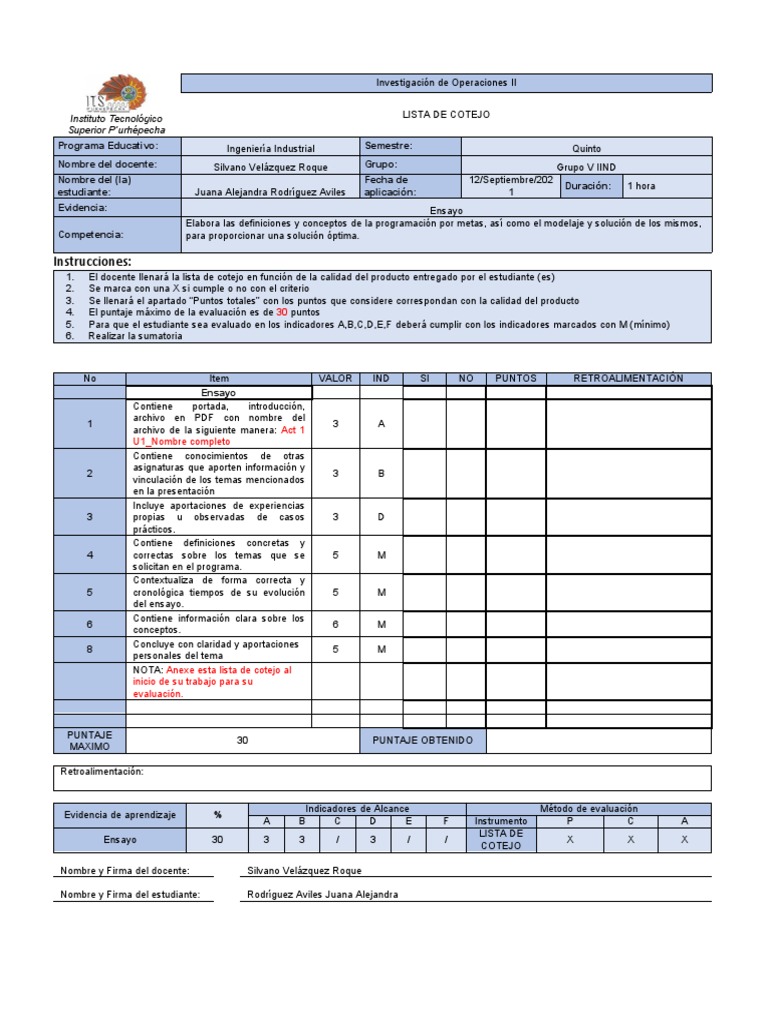 Act 1 U1 Lista de Cotejo ENSAYO | PDF | Programación lineal | Evaluación
