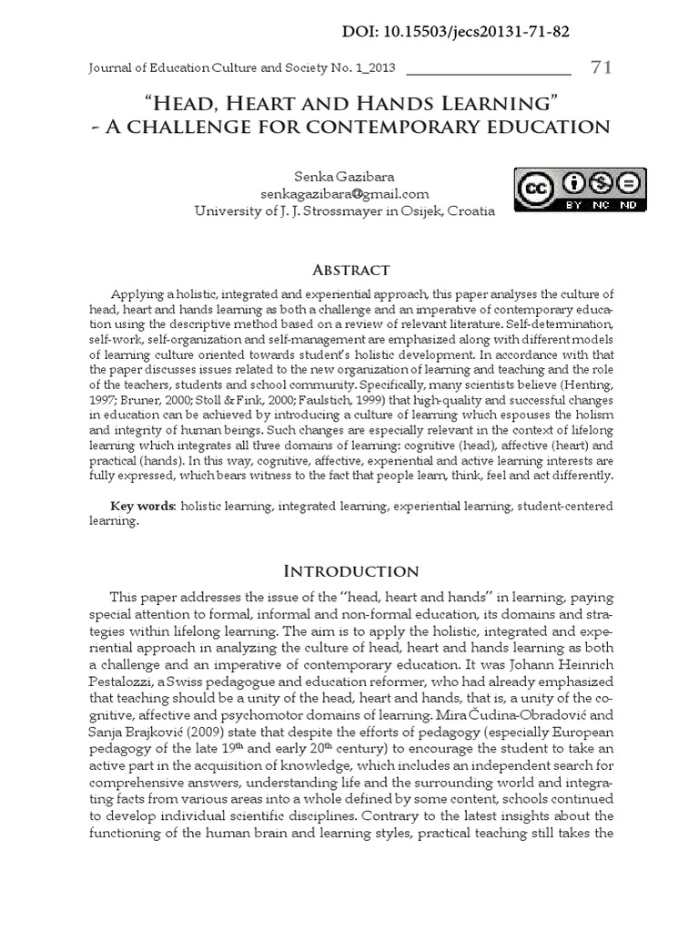 "Head, Heart and Hands Learning" - A Challenge For Contemporary ...