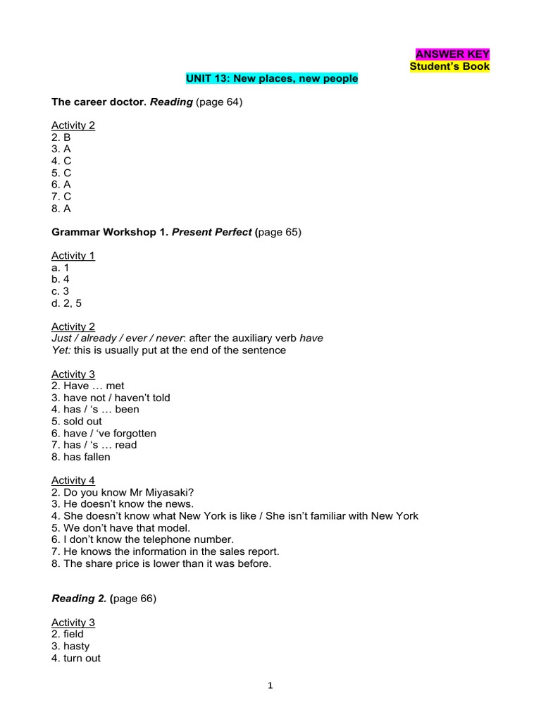 Answer Key Unit 13 (Book and Workbook) | PDF | Linguistics