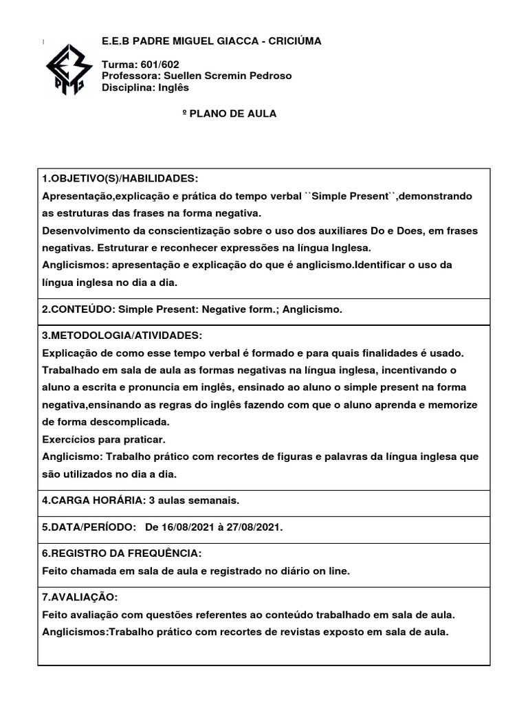 Plano de Aula 6 Ano 25.08 | PDF