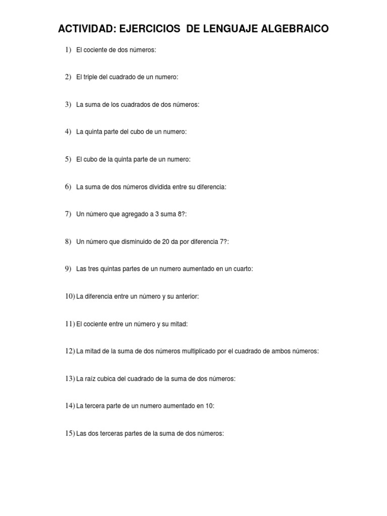 ACTIVIDAD Ejercicios de Lenguaje Algebraico | PDF
