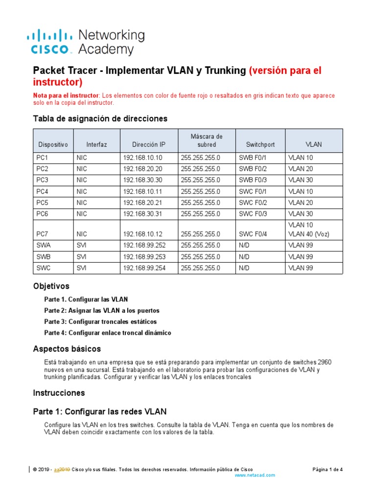 3.6.1 Packet Tracer - Implement VLANs and Trunking - ILM | PDF | Transmisión de datos | Informática