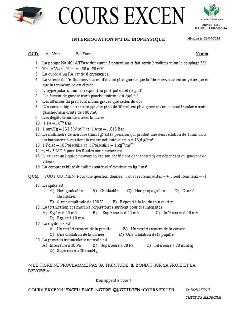 INTERROGATION N1 de Biophysique 2015-2016 | PDF | Pression | Grandeur physique