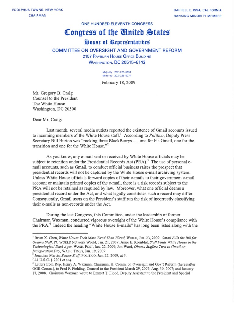 Issa Letter To Craig 19feb2009 | PDF | Gmail | Presidents Of The United ...