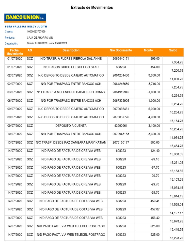 BANCO UNION Extracto - Movimientos | PDF | Bancario | Servicios financieros