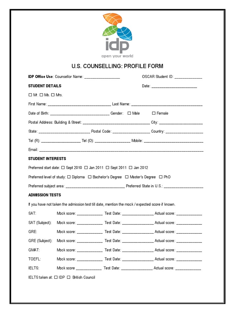 U.S. Counselling: Profile Form: IDP Office Use: Counsellor Name ...