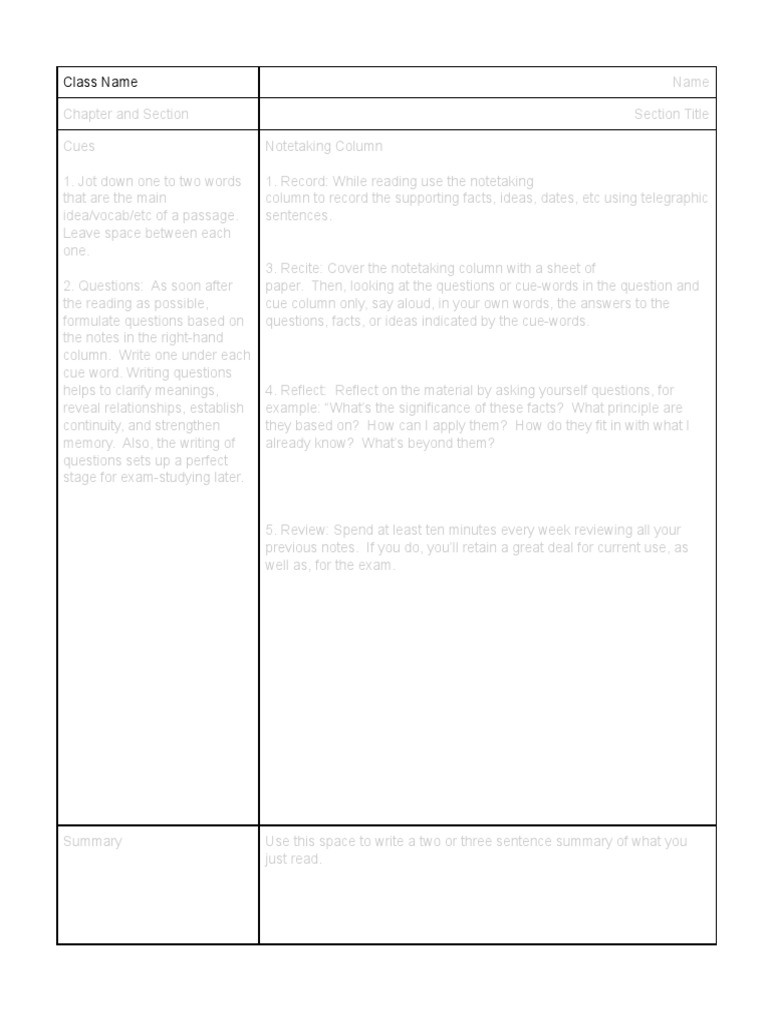 Cornell Notes Template | PDF