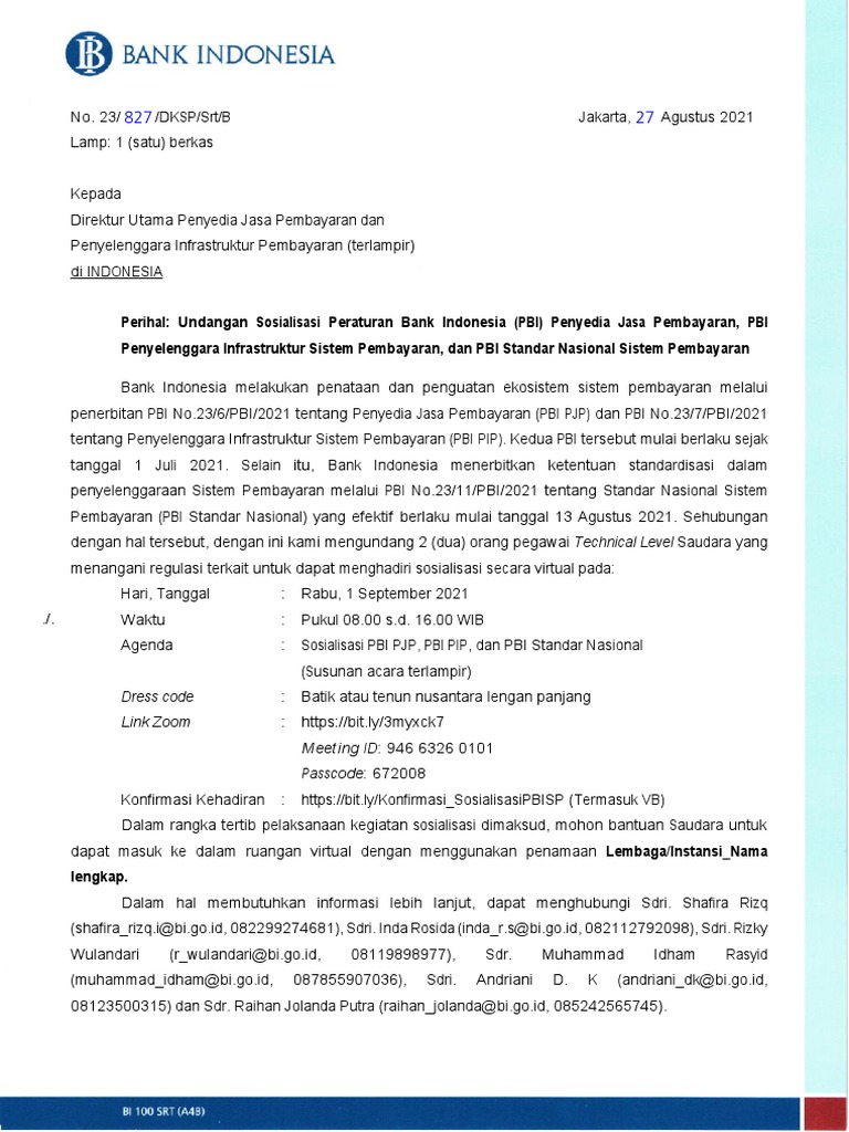 Bank+Indonesia+23 827 DKSP SRT B+Undangan+Sosialisasi+Peraturan+Bank+Indonesia+ (PBI ...