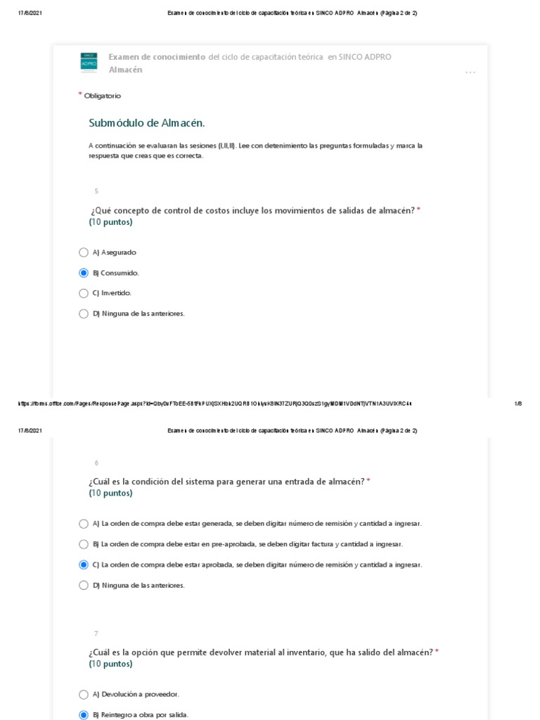 Examen Teórico Almacén SINCO ADPRO | PDF | Prueba (evaluación) | Inventario