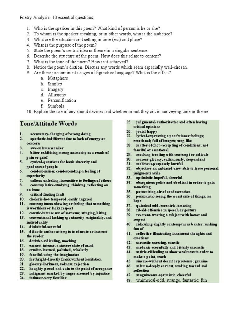 Essential Poetry Analysis Questions | PDF | Poetry | Psychological Concepts