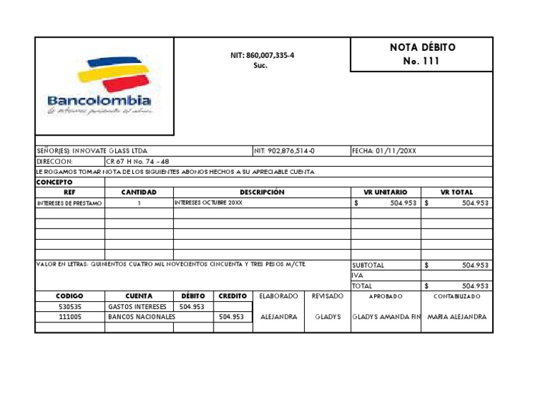 9 Nota Debito Bancaria Nov 20XX | PDF