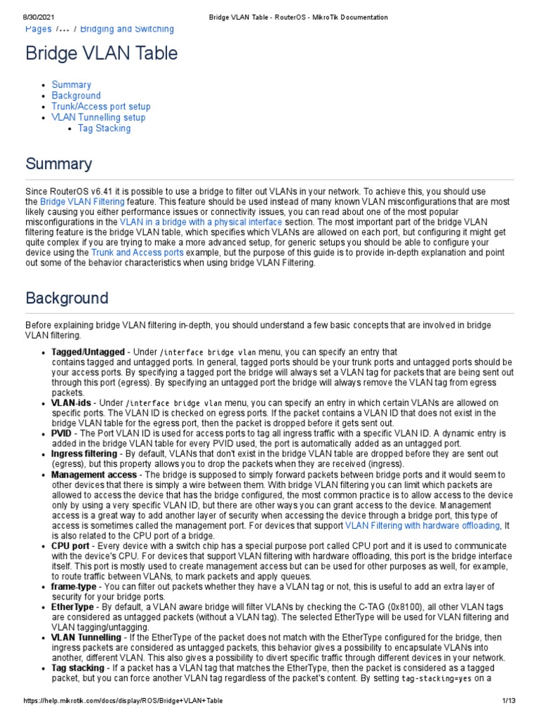 Bridge VLAN Table - RouterOS - MikroTik Documentation | Download Free ...