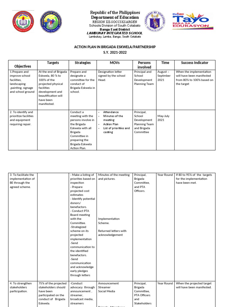 Action Plan in Brigada Eskwela 2021-2022 | PDF