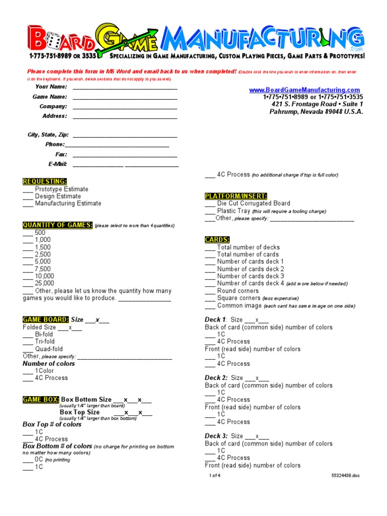Board Game Manufacturing - Estimate Form - 2010 | PDF | Playing Cards ...