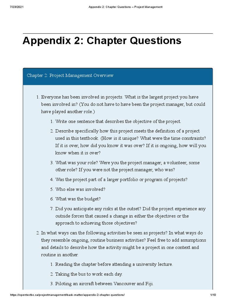 Appendix 2 - Chapter Questions - Project Management | PDF | Project ...