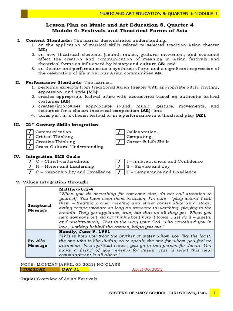 Lesson Plan On Music and Art Education 8, Quarter 4 Module 4: Festivals ...