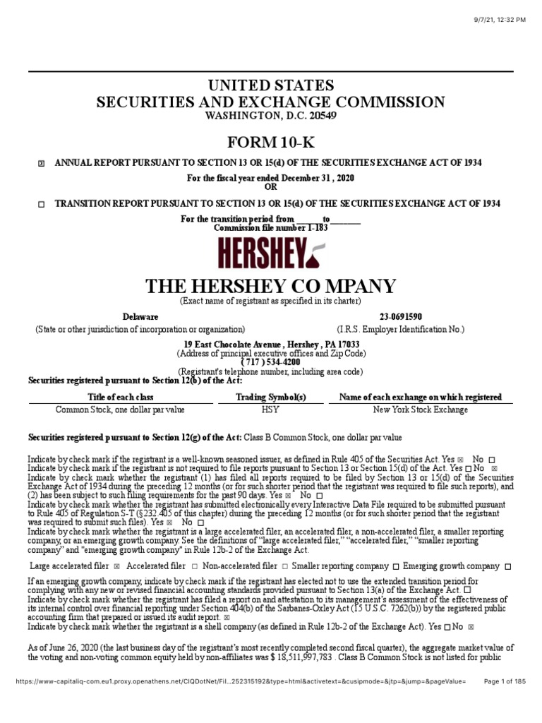 Hershey Company - Form - 10-K (Dec-31-2020) | PDF | Stocks | Cocoa Bean