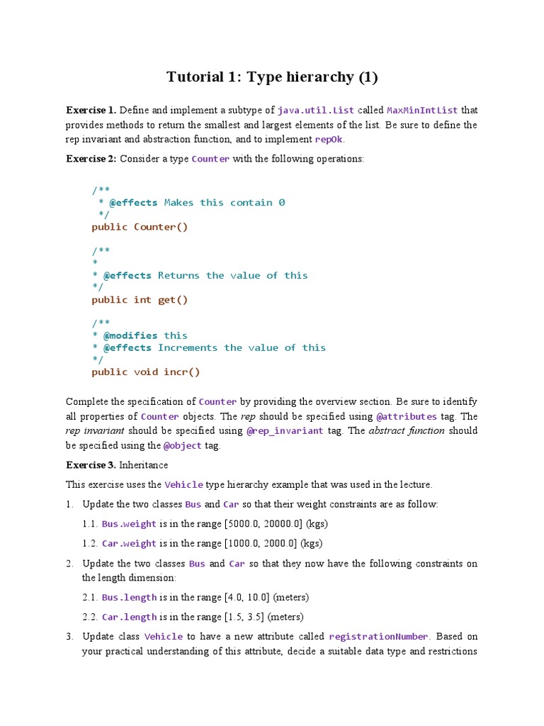 Tutorial 1: Type Hierarchy (1) : Exercise 1. Define and Implement A Subtype of | PDF | Class ...