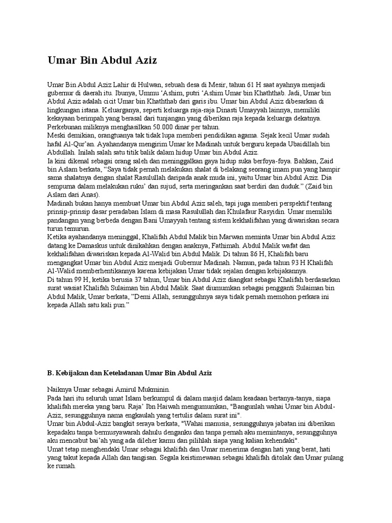 B. Kebijakan Dan Keteladanan Umar Bin Abdul Aziz | PDF