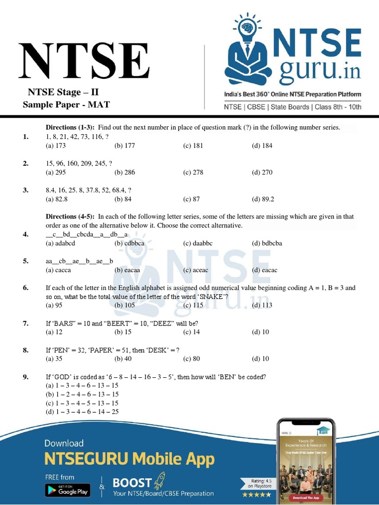 Mat Stage-II Ntse Paper - PDF (22!12!2020) Sample | PDF | Google Play