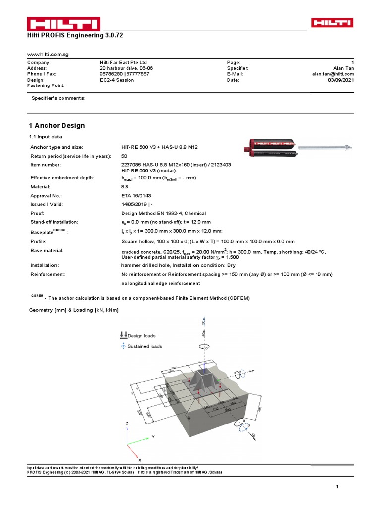 1 Anchor Design: Hilti PROFIS Engineering 3.0.72 | PDF | Deformation ...