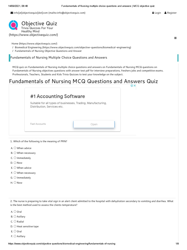 Fundamentals of Nursing Multiple Choice Questions and Answers - MCQ Objective Quiz | PDF ...