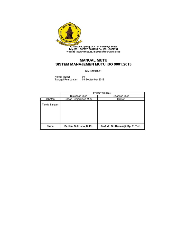 MM-UWKS-01 Rev.01 Manual Mutu | PDF