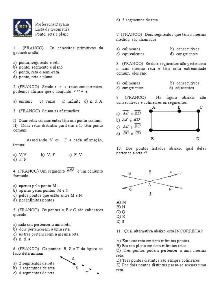 2 Lista Ponto Reta e Plano Angulos | PDF | Linha (Geometria) | Geometria Euclidiana