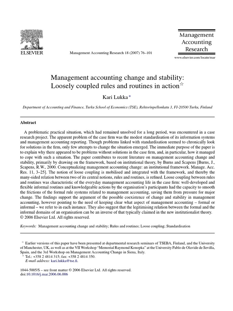 LUKKA (2007) Management Accounting Change and Stability | PDF | Management Accounting ...