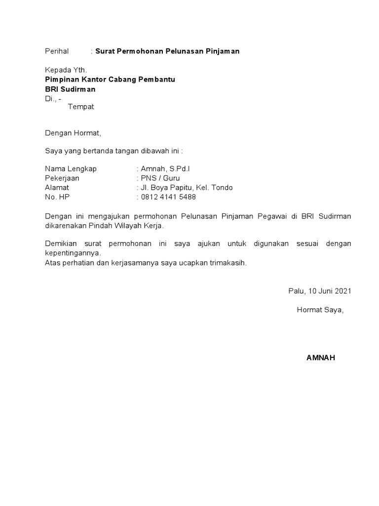 Contoh Surat Permohonan Pelunasan KPR | PDF