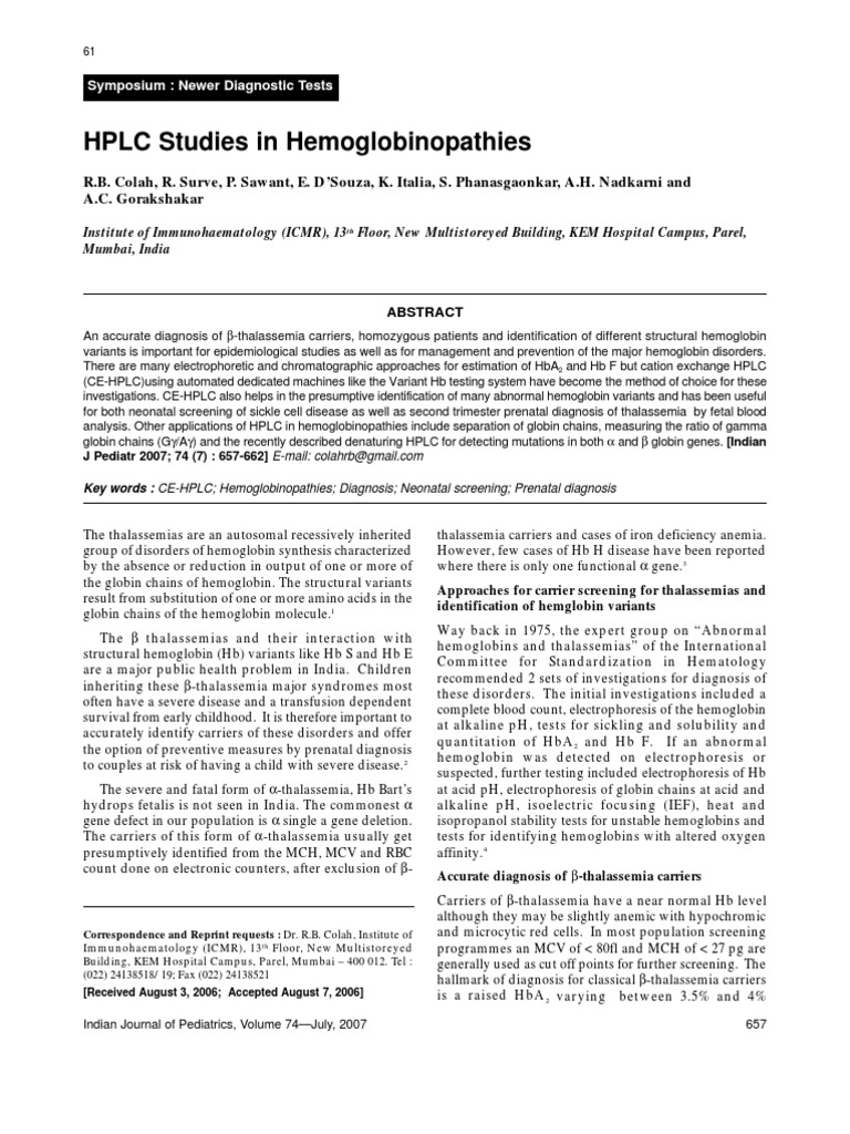 HPLC Studies in Hemoglobinopathies | PDF | Hemoglobin | High ...
