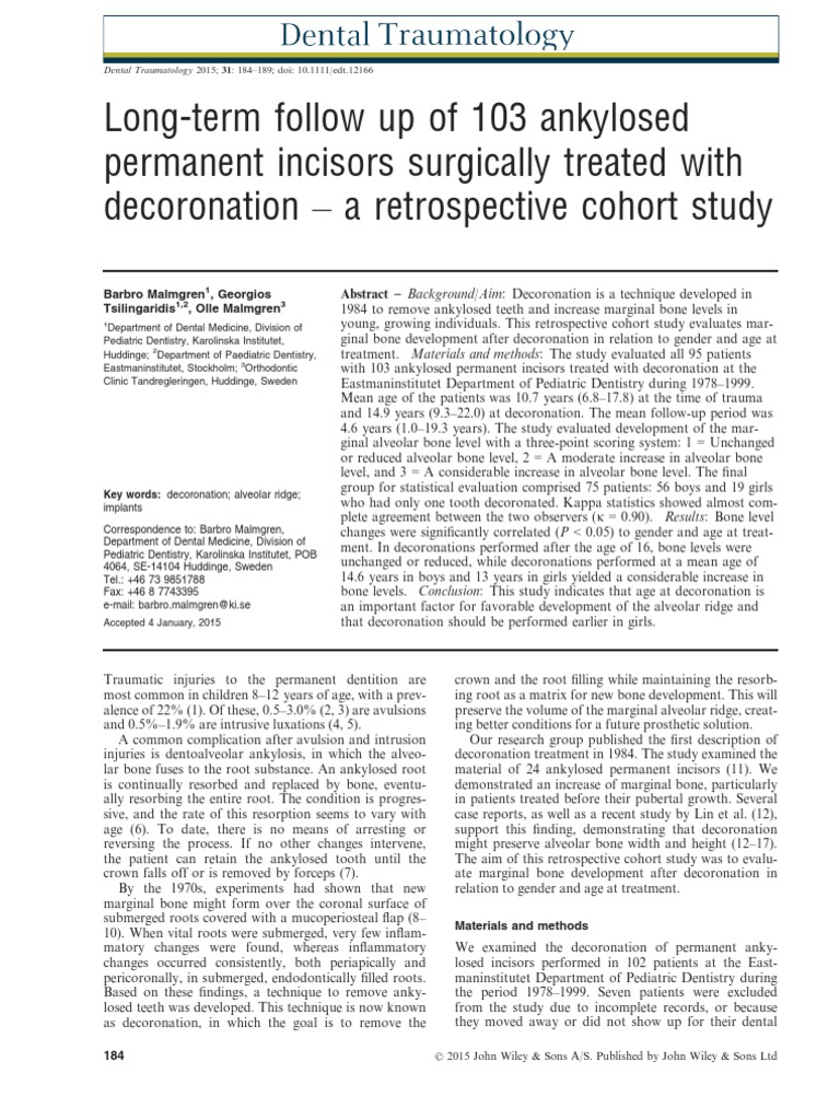 Long-Term Follow Up of 103 Ankylosed Permanent Incisors Surgically ...