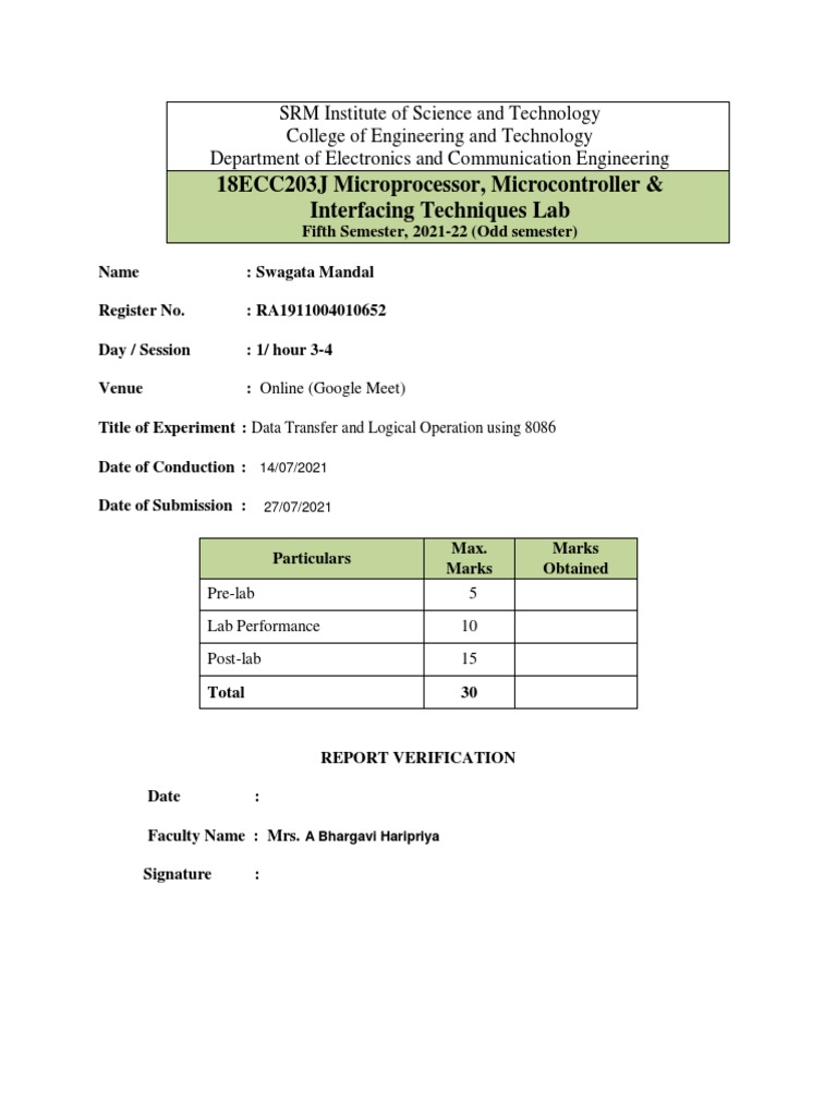 18ECC203J Microprocessor, Microcontroller & Interfacing Techniques Lab | PDF | Computer Hardware ...