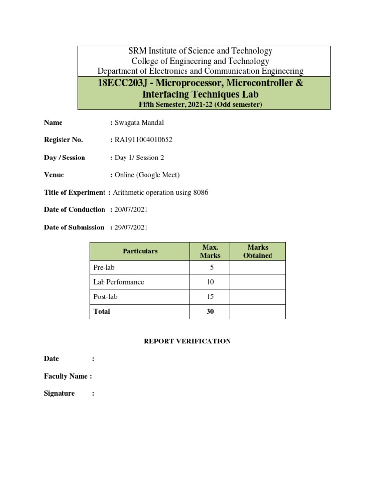 18ECC203J - Microprocessor, Microcontroller & Interfacing Techniques Lab | PDF | Central ...