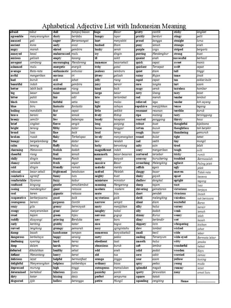 Adjective List With Indonesian Meaning A-Z | PDF