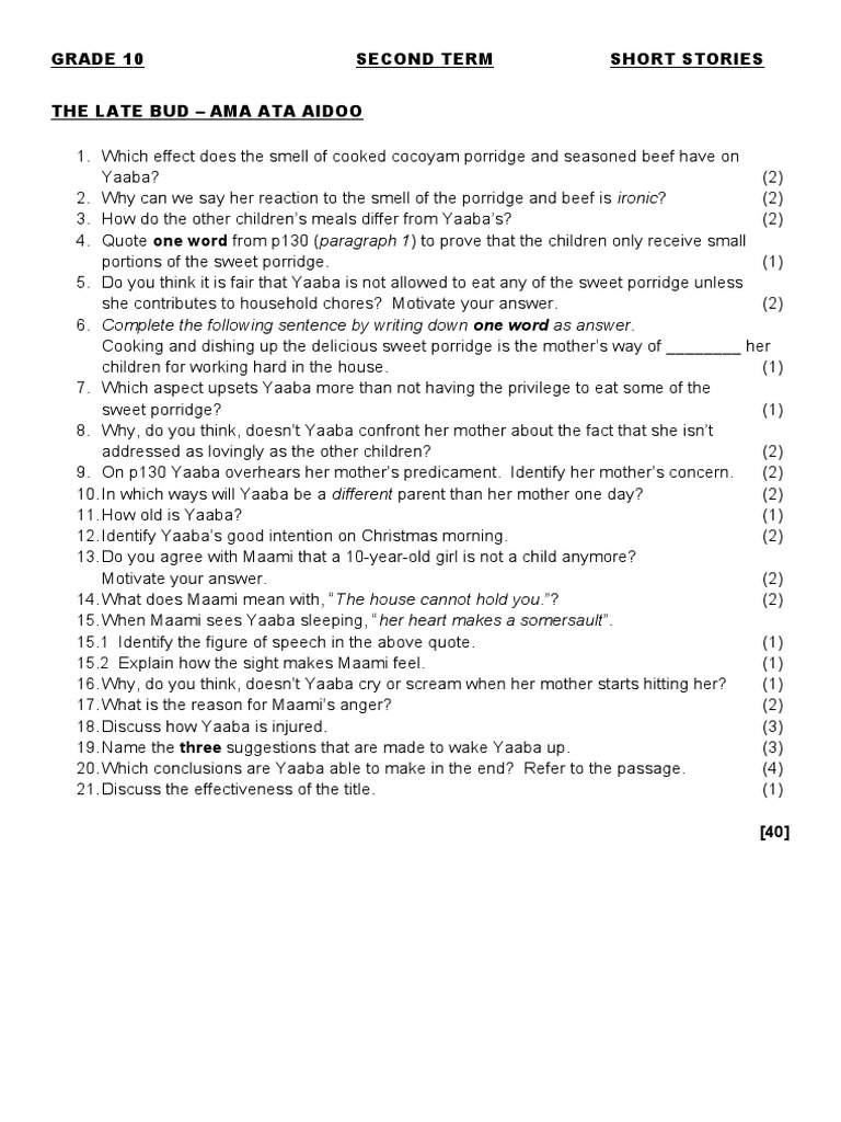 The Late Bud: Grade 10 Study Guide | PDF