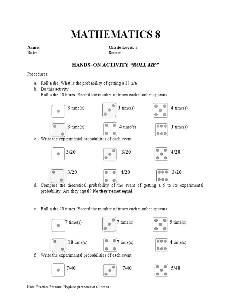 Mathematics 8: Hands-On Activity "Roll Me" | PDF | Probability | Experiment