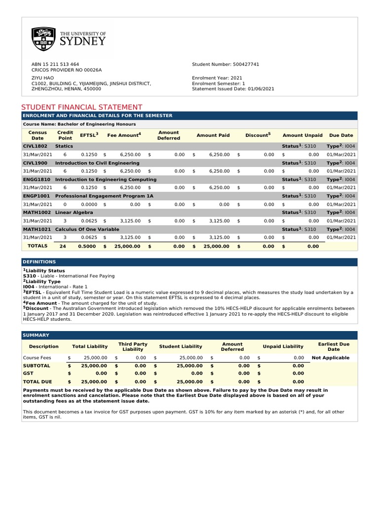 Student Financial Statement: Enrolment and Financial Details For The ...
