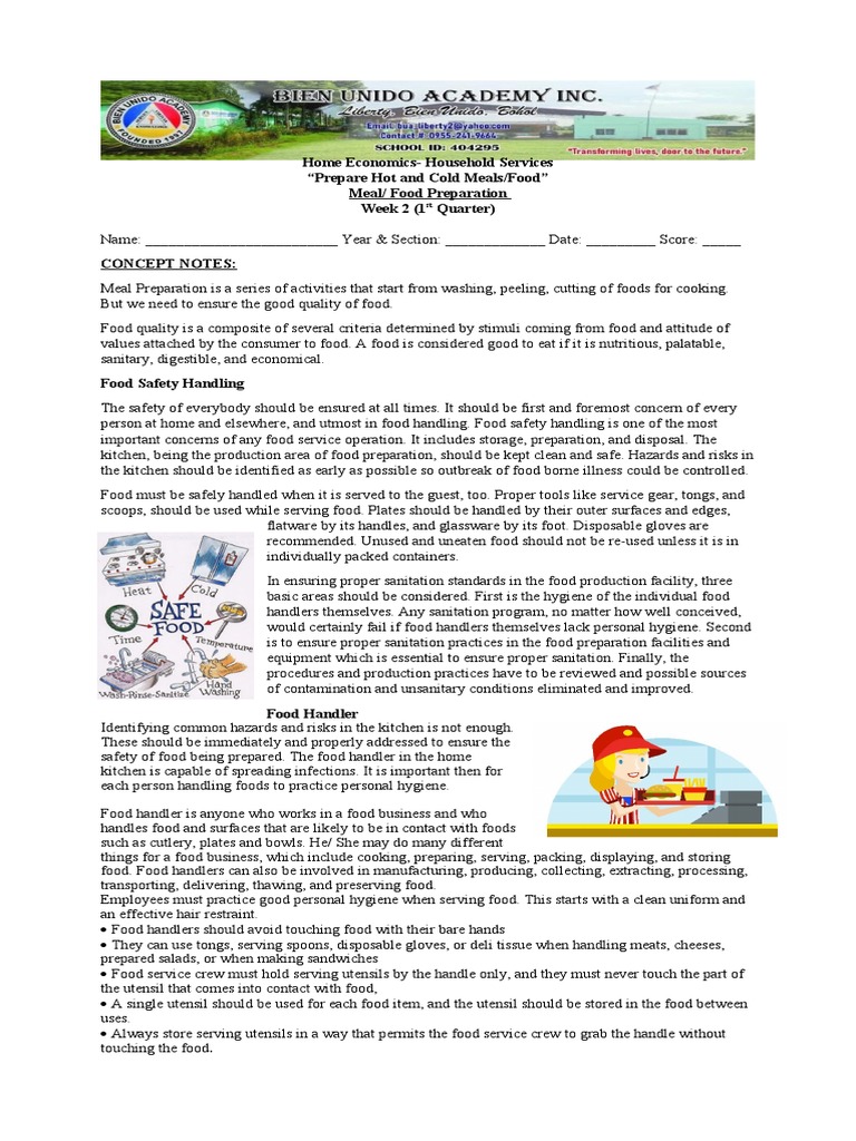 Home Economics-Household Services "Prepare Hot and Cold Meals/Food ...