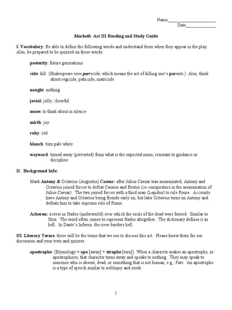 Macbeth: Act III Reading and Study Guide | PDF | Macbeth ...