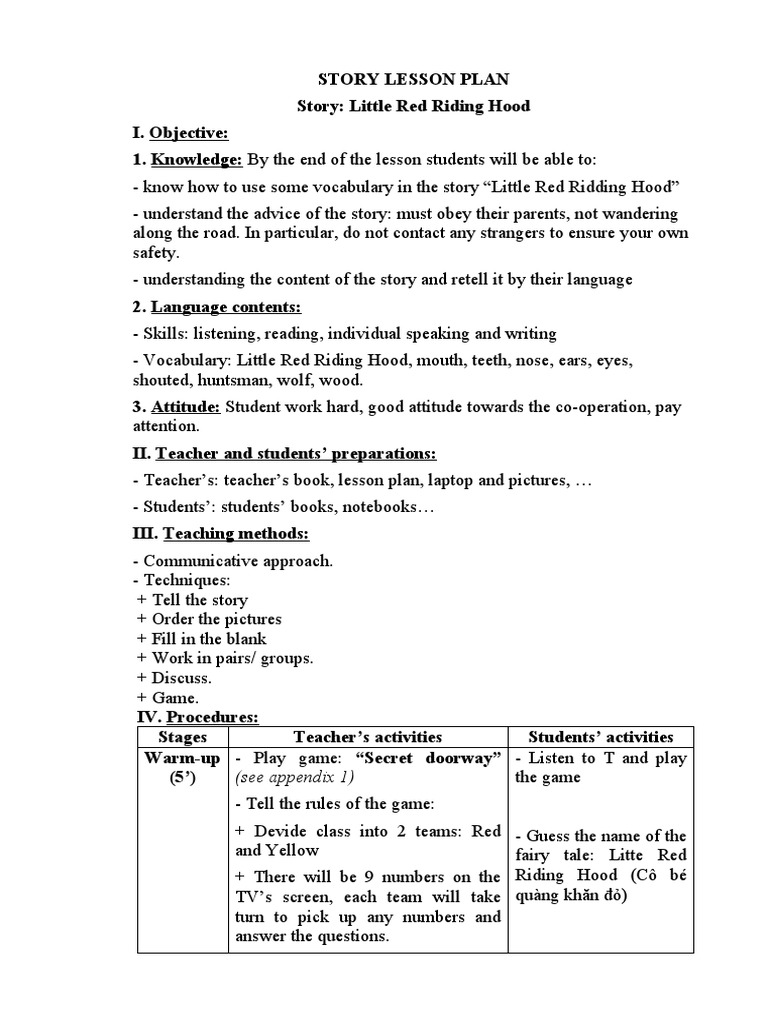 Story Lesson Plan G1 | PDF | Little Red Riding Hood | Lesson Plan