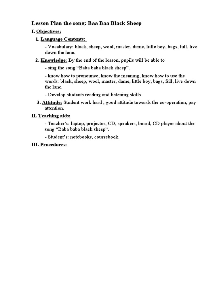 Lesson Plan The Song: Baa Baa Black Sheep: I. Objectives | PDF ...