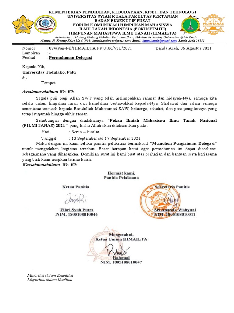 Permohonan Delegasi PILMITANAS 2021 | PDF